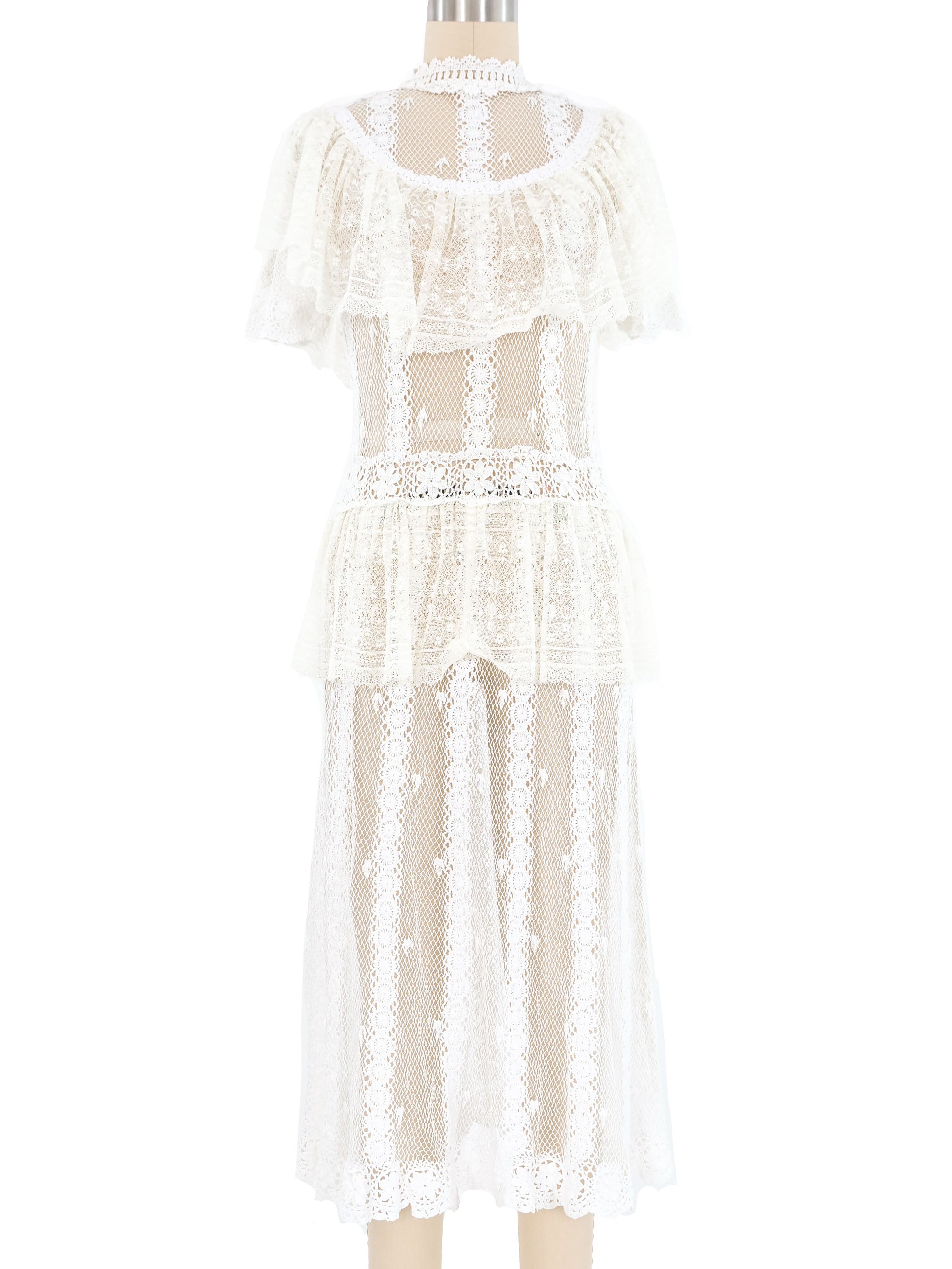 White Lace Ruffle Short Sleeve Midi Dress