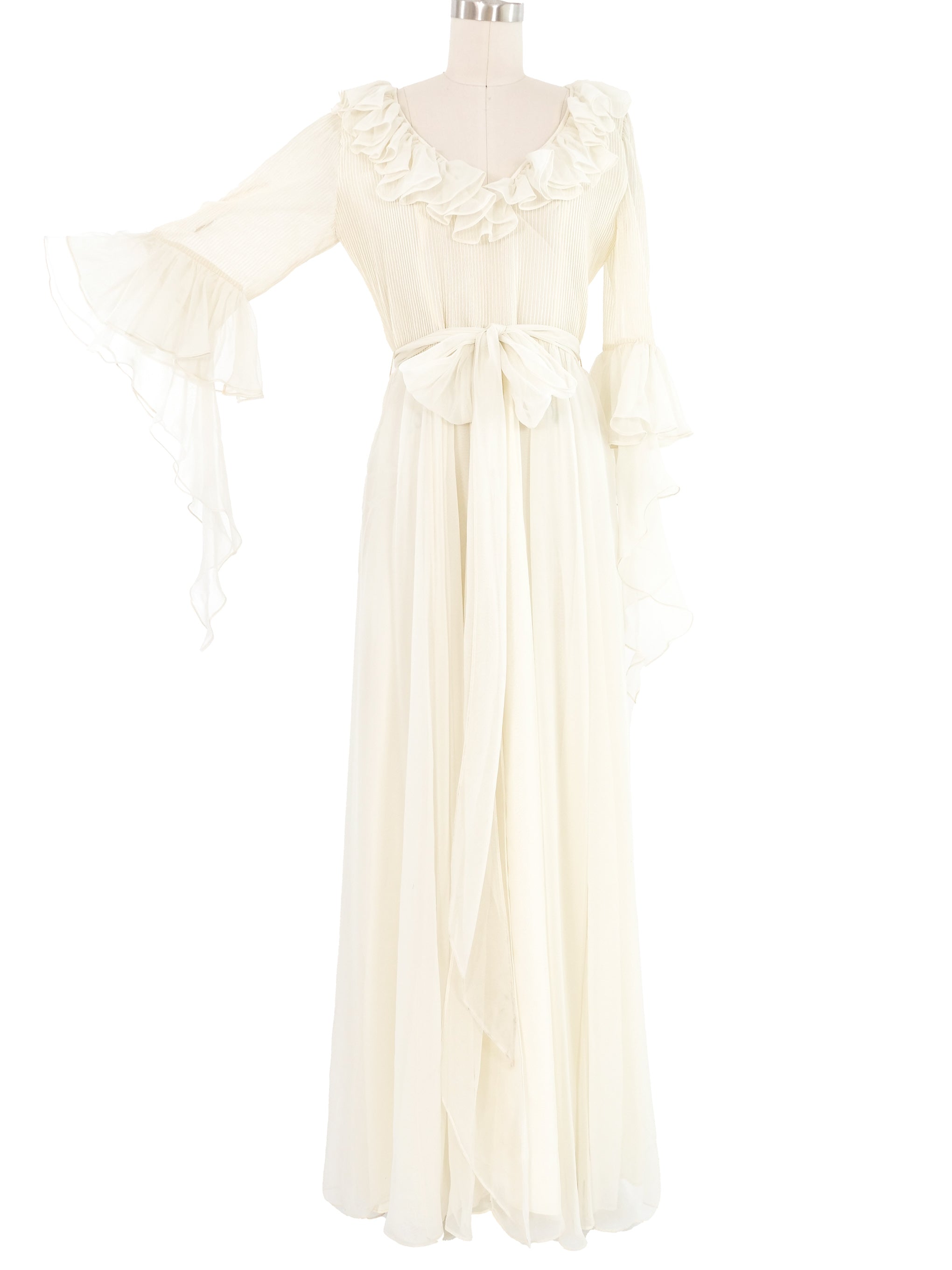 1970s Jean Varon Ivory Ruffle Maxi Dress