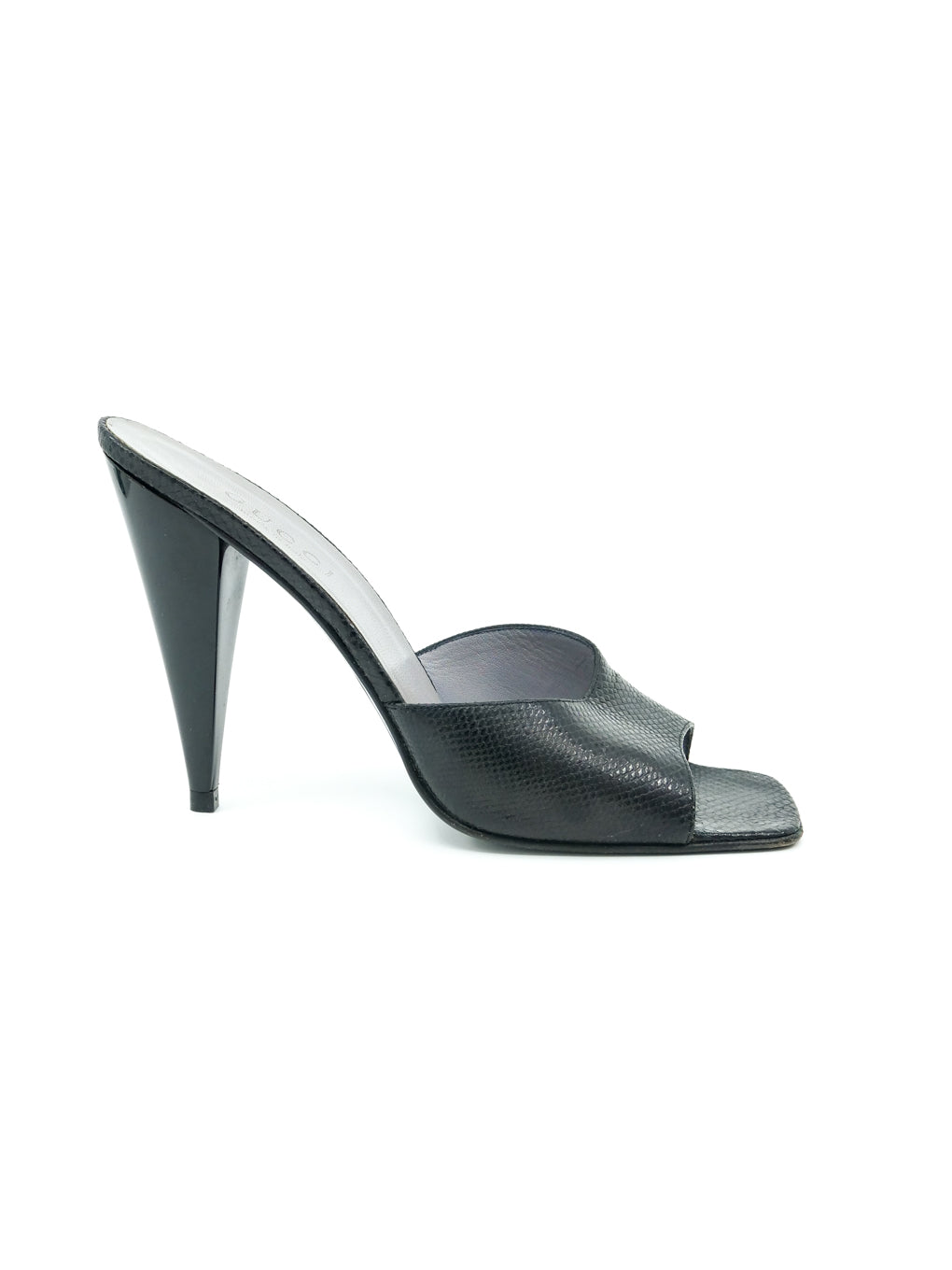 Gucci Snakeskin Heeled Mules, 8.5