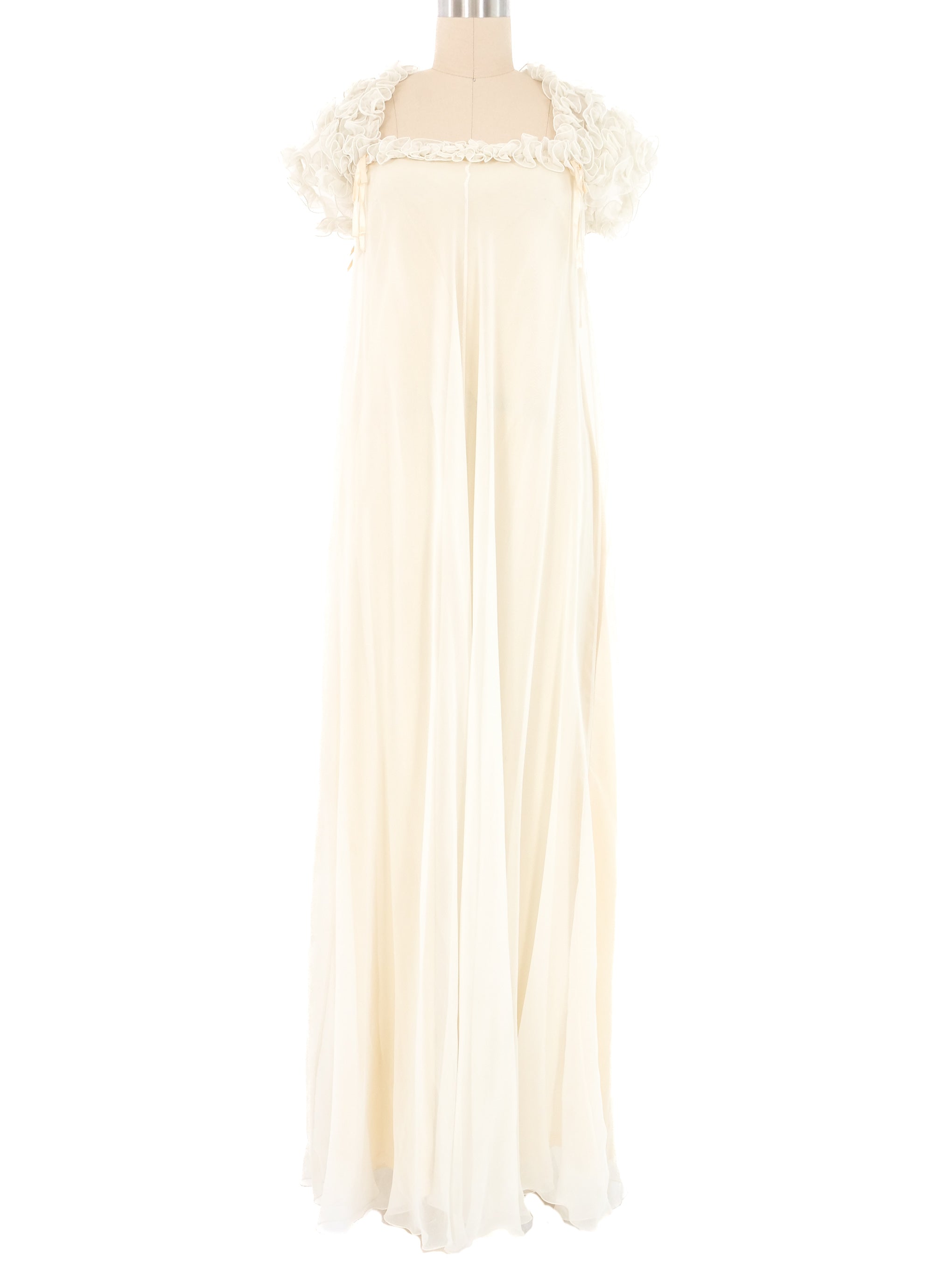 1970s Jean Varon Ivory Chiffon Ruffle Maxi Dress