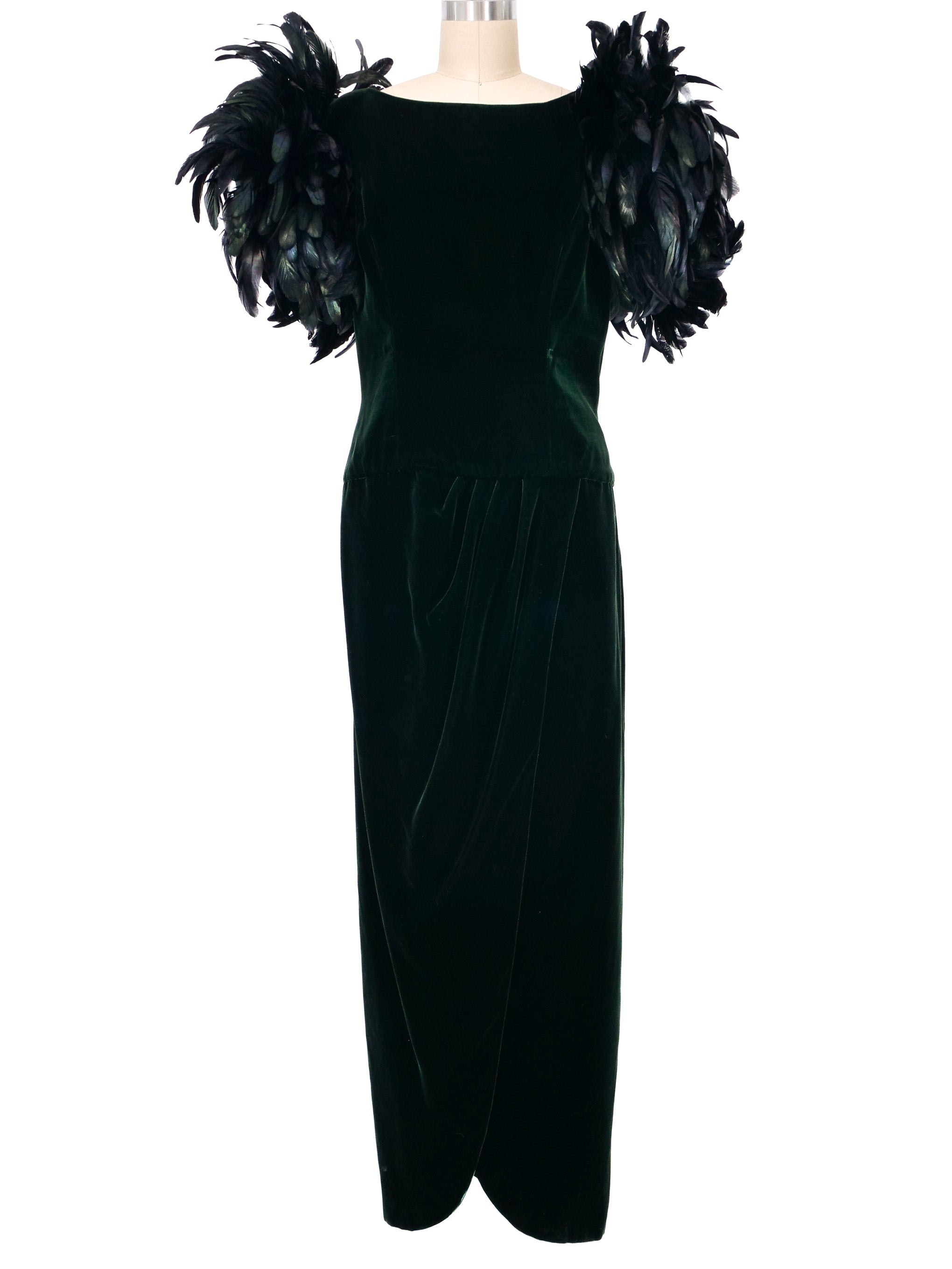 1970s Green Velvet Feather Shoulder Dress