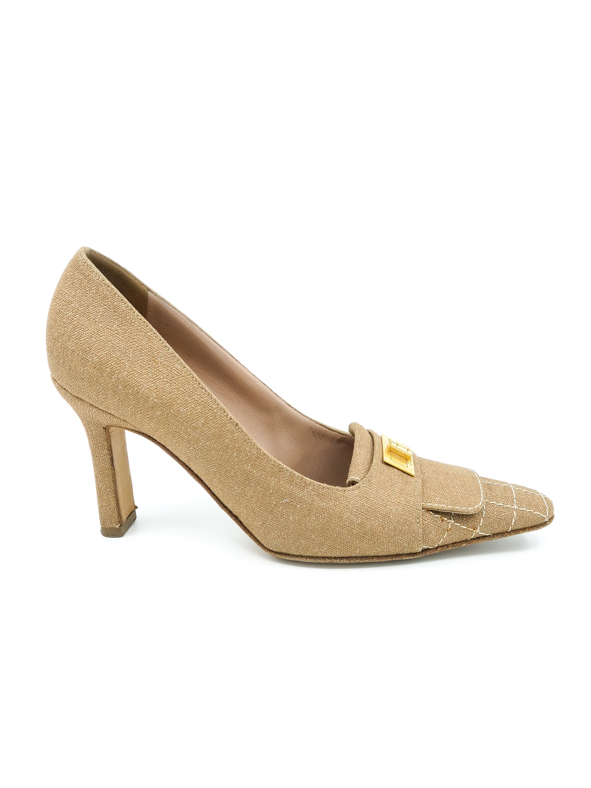 Chanel Tweed Checked Toe Loafer Heels, 37.5