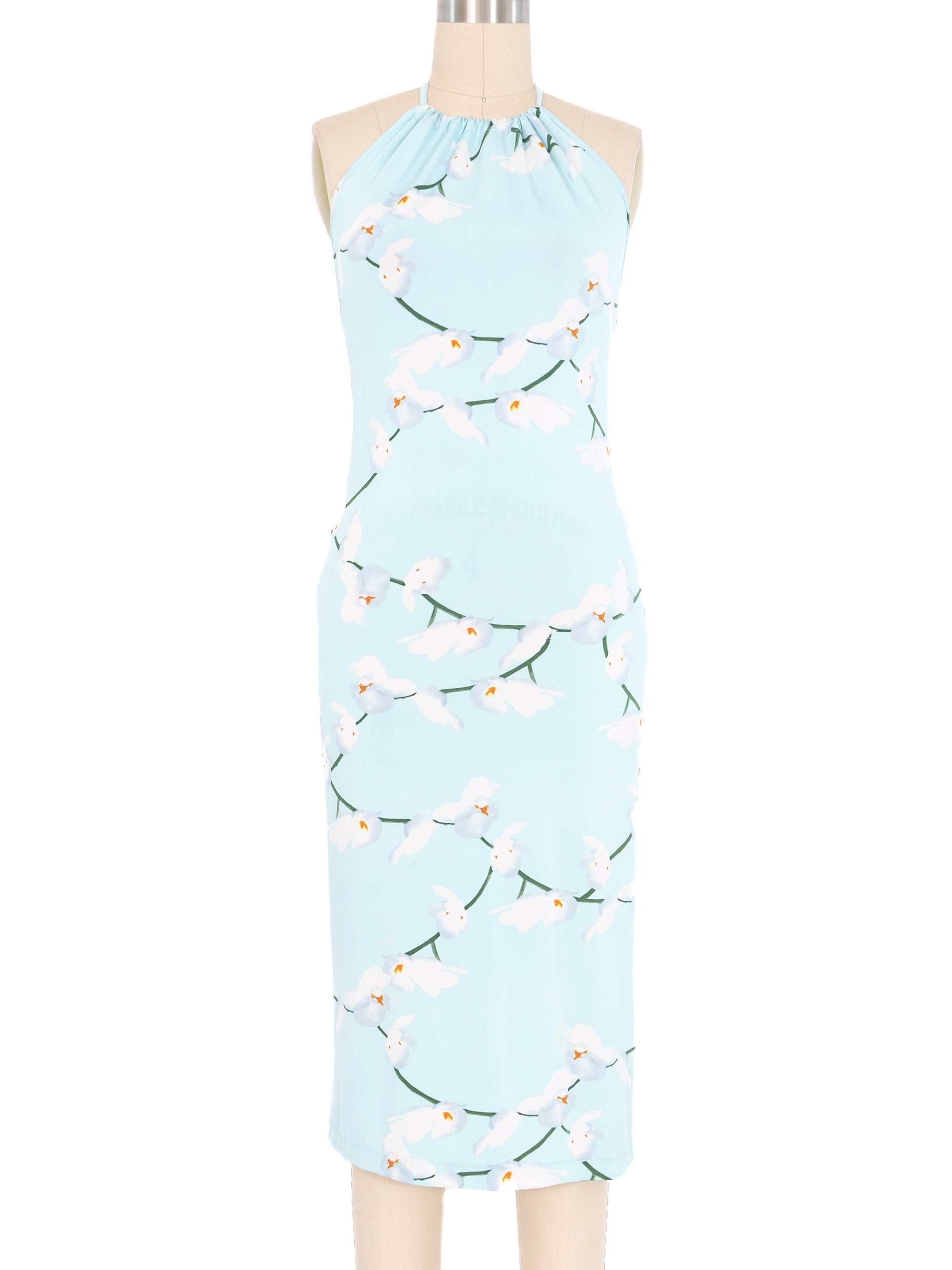 2000s Versace Baby Blue Orchid Print Jersey Dress