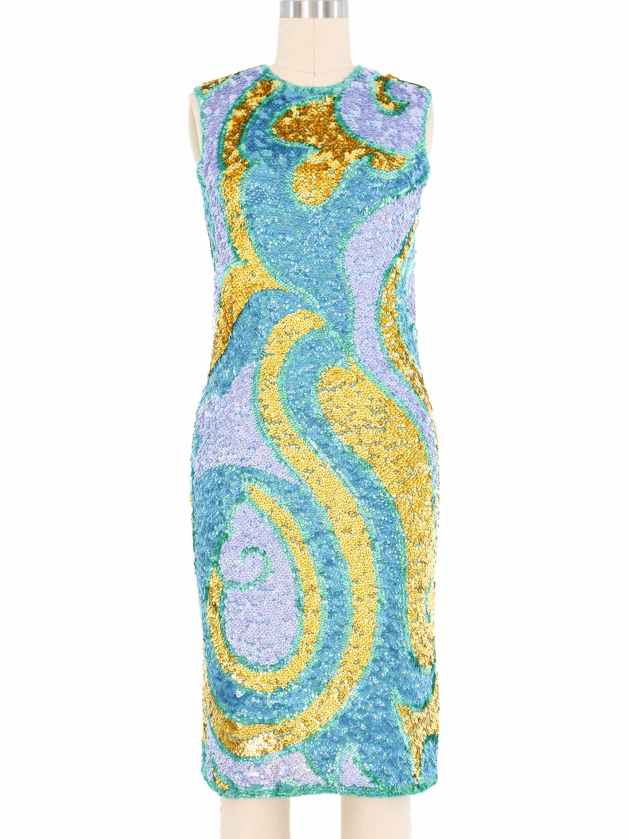 Chez Royale Sequin Knit Turquoise And Gold Mod Dress