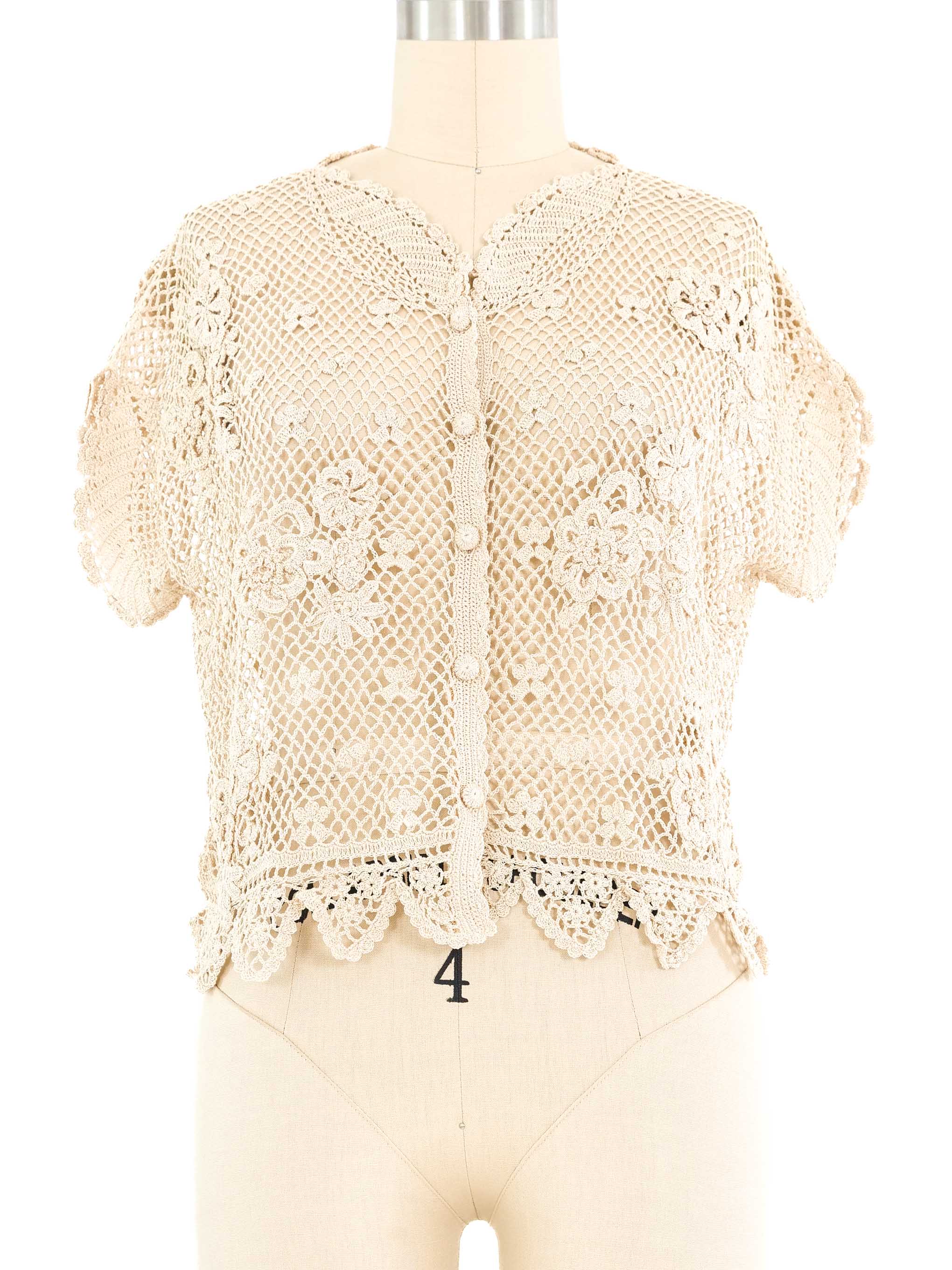 Beige Button Front Crochet Top