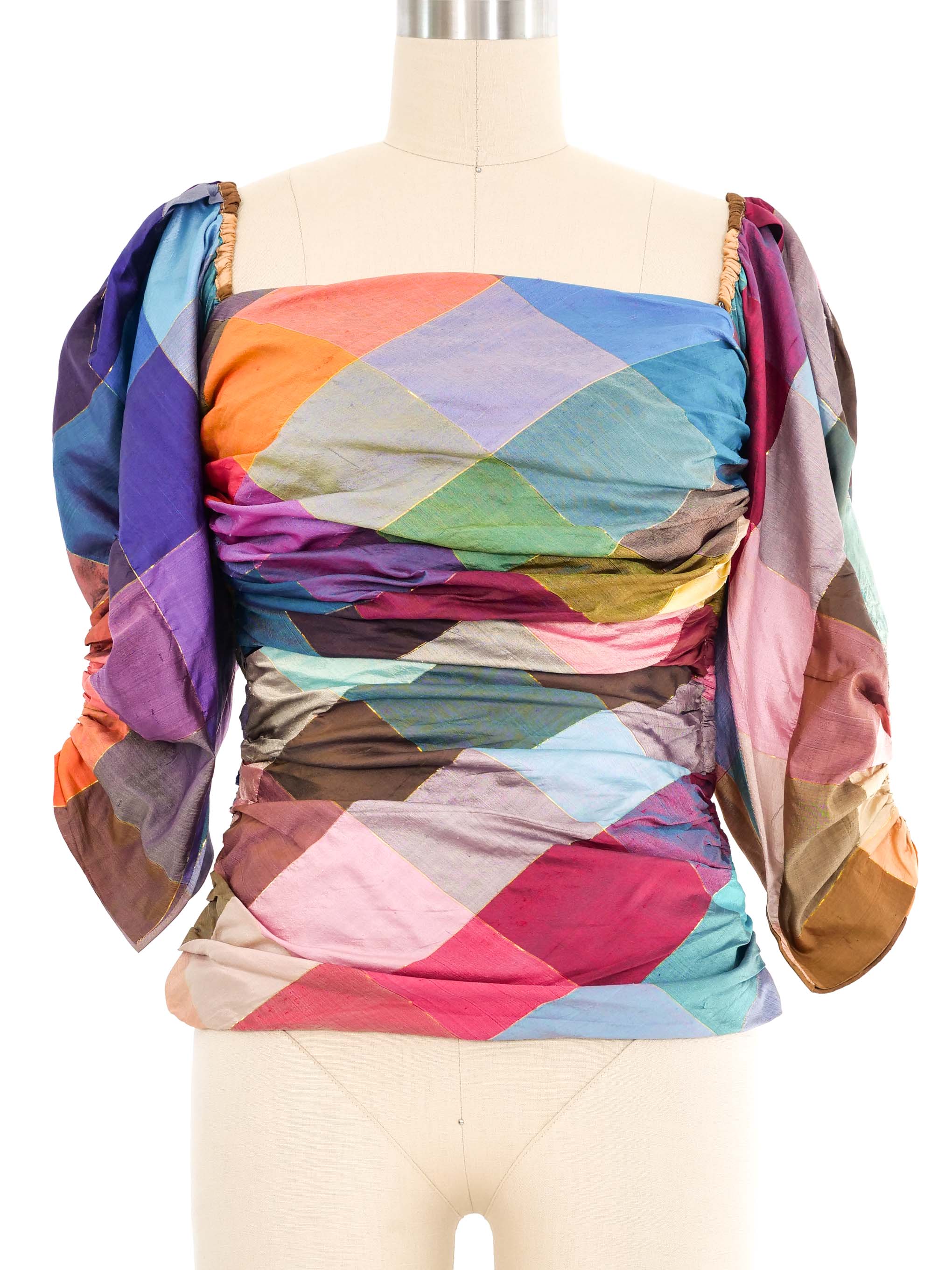 Vicky Tiel Rainbow Check Puff Sleeve Top