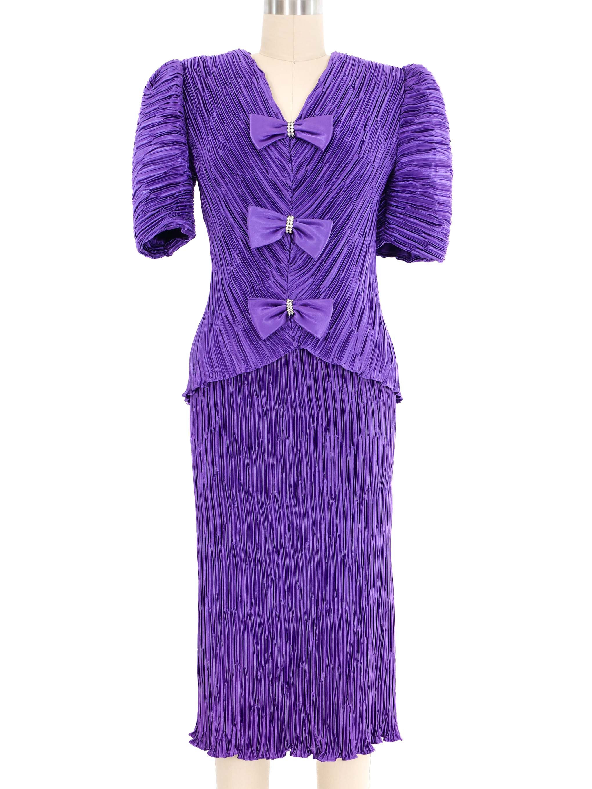 1980s Purple Bow Embellished Plisse Pleat Ensemble