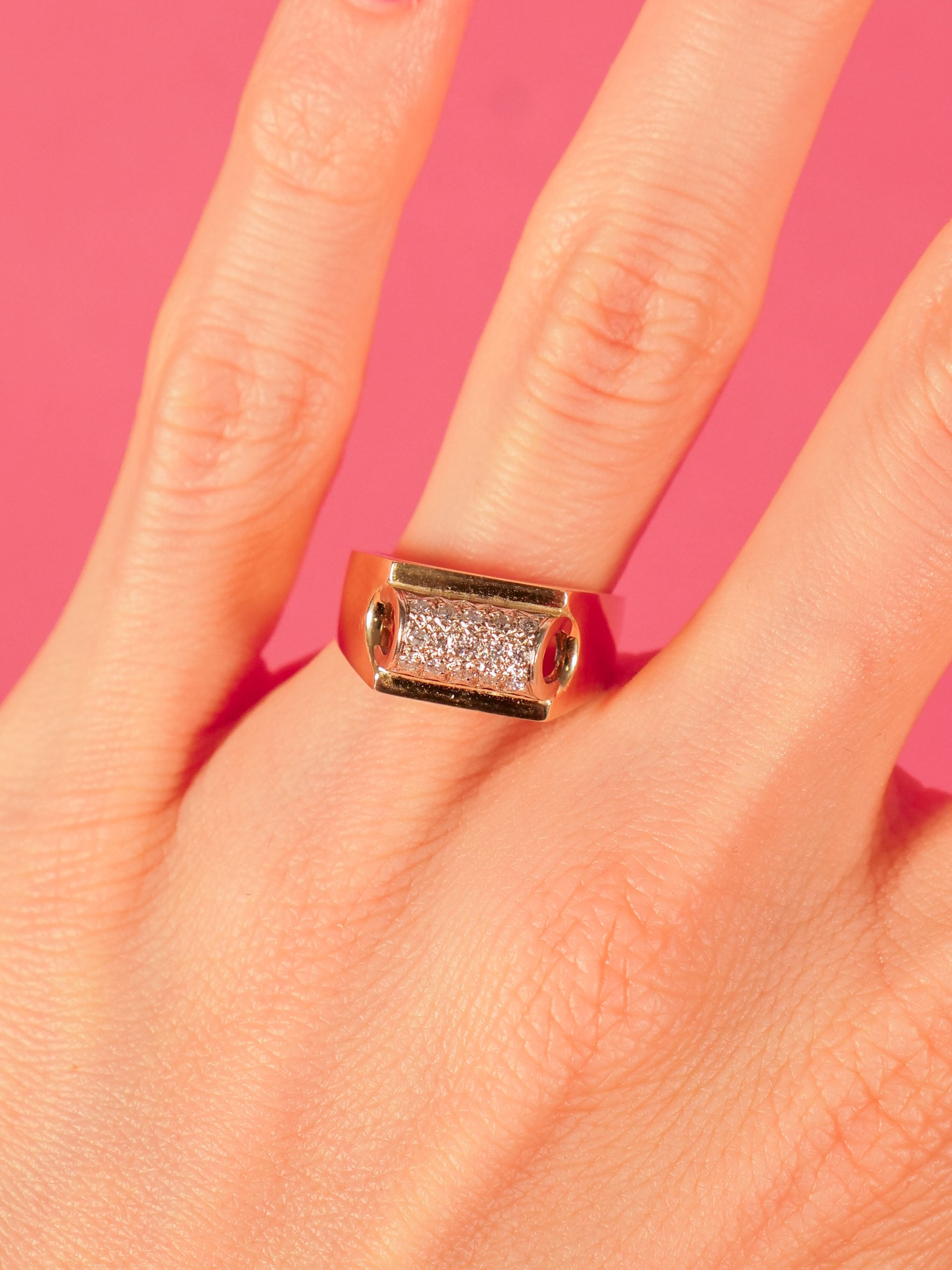 14k Gold Raised Diamond Bar Signet Ring