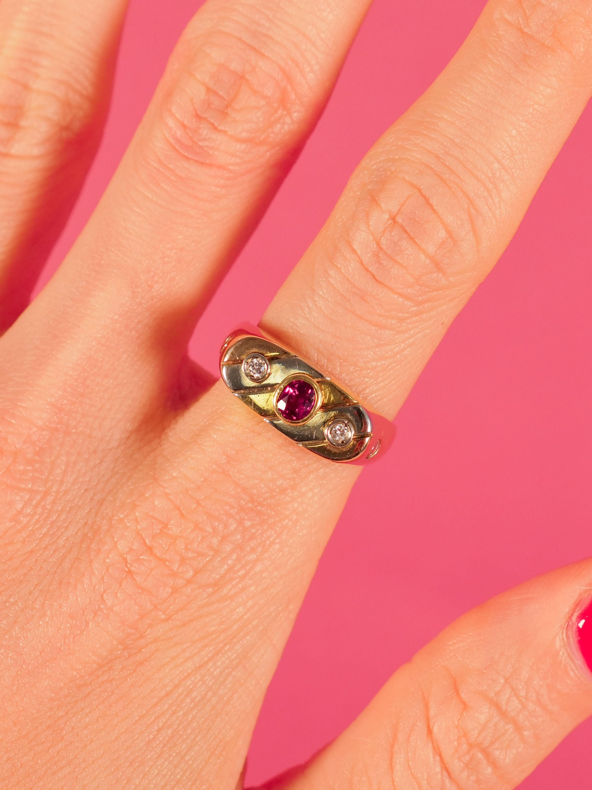 18k Bezel Set Diamond And Ruby Signet Ring