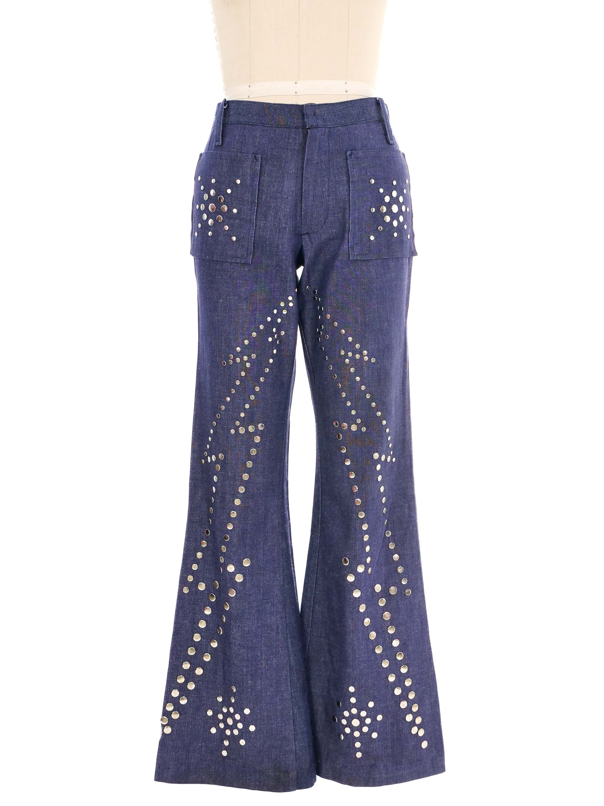 1970s Studded Lightning Bolt Denim Bell Bottoms