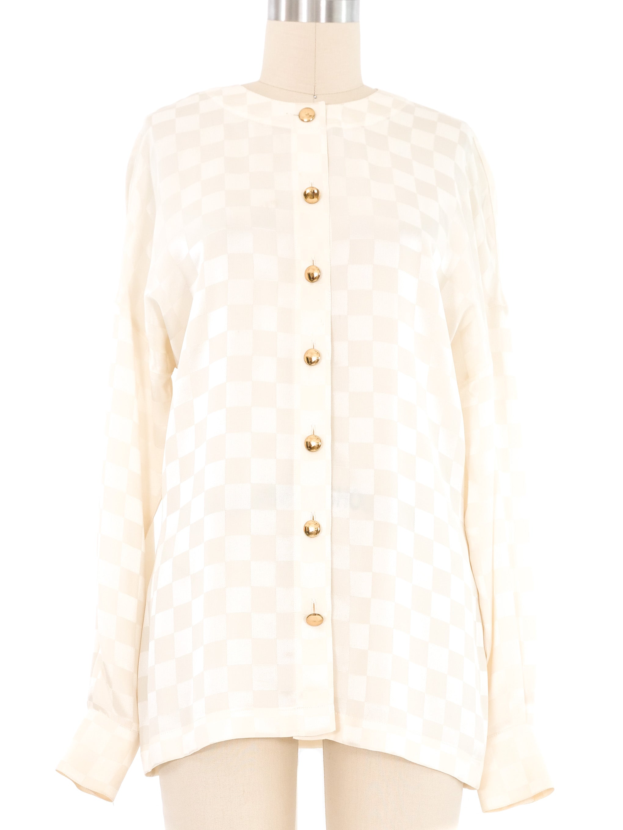 Escada Ivory Checkerboard Silk Blouse