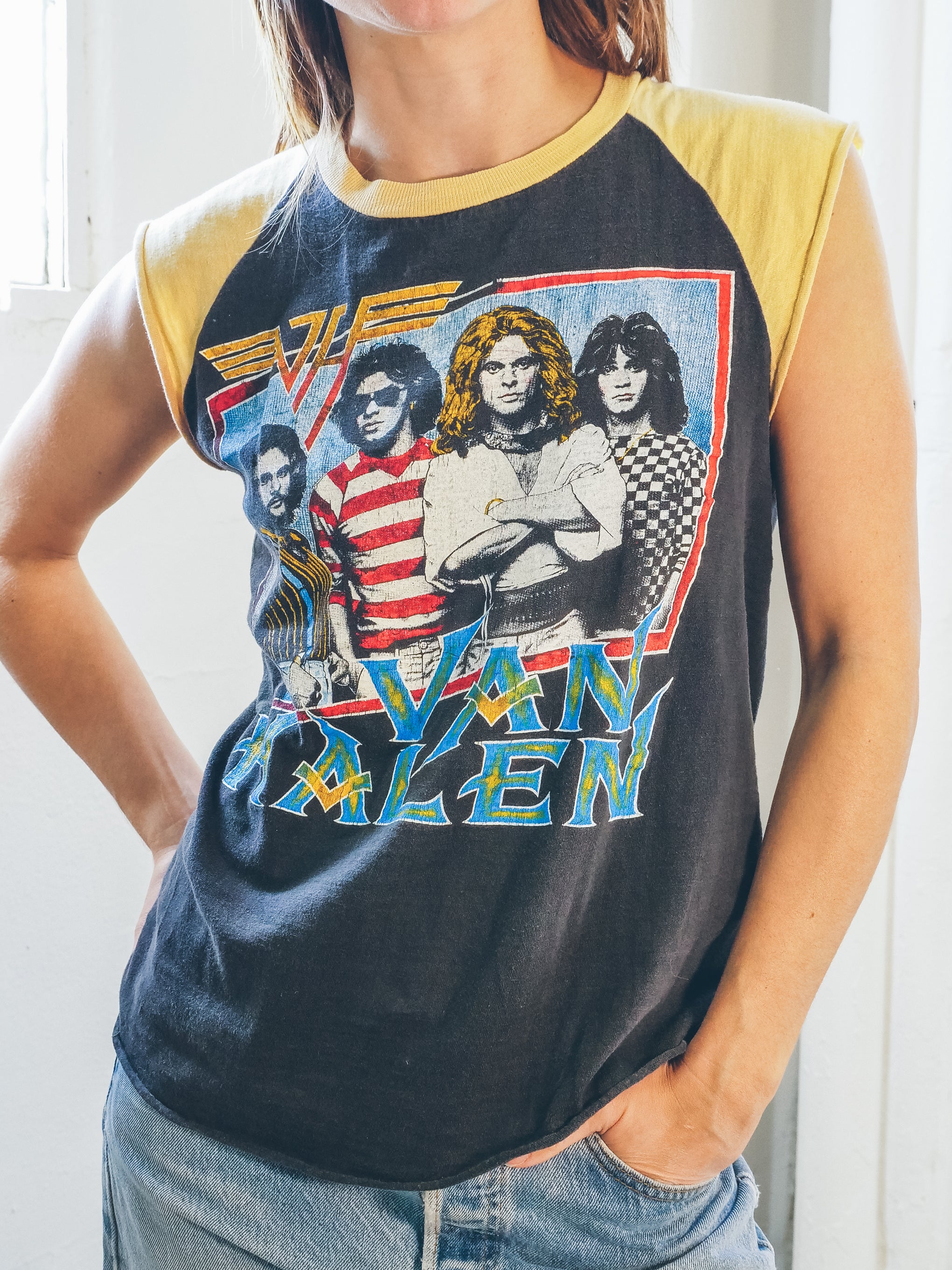 1980 Van Halen Black and Yellow Cut Off Raglan Tee