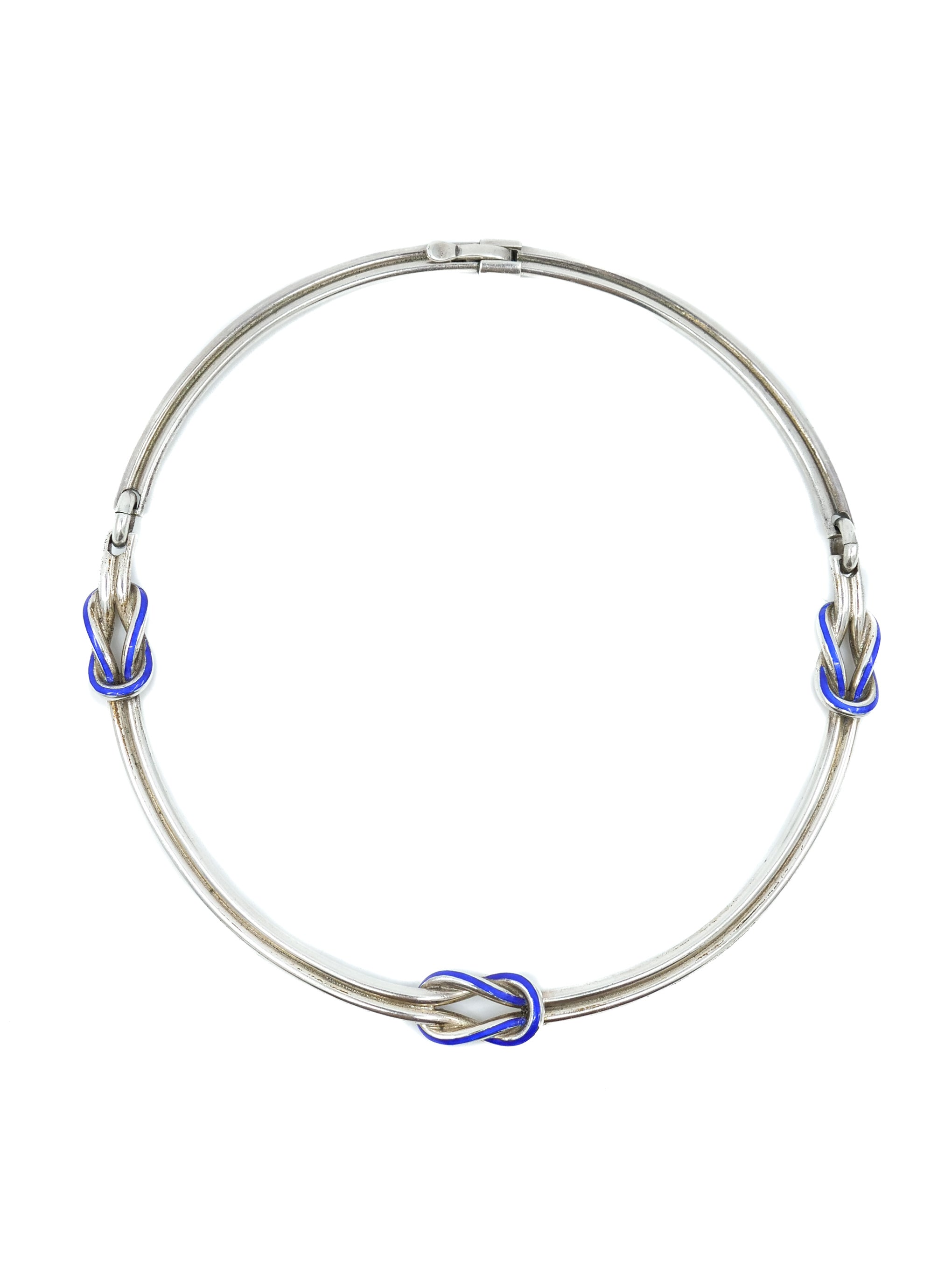 1960s Gucci Sterling and Blue Enamel Hercules Knot Hinged Collar Neckl