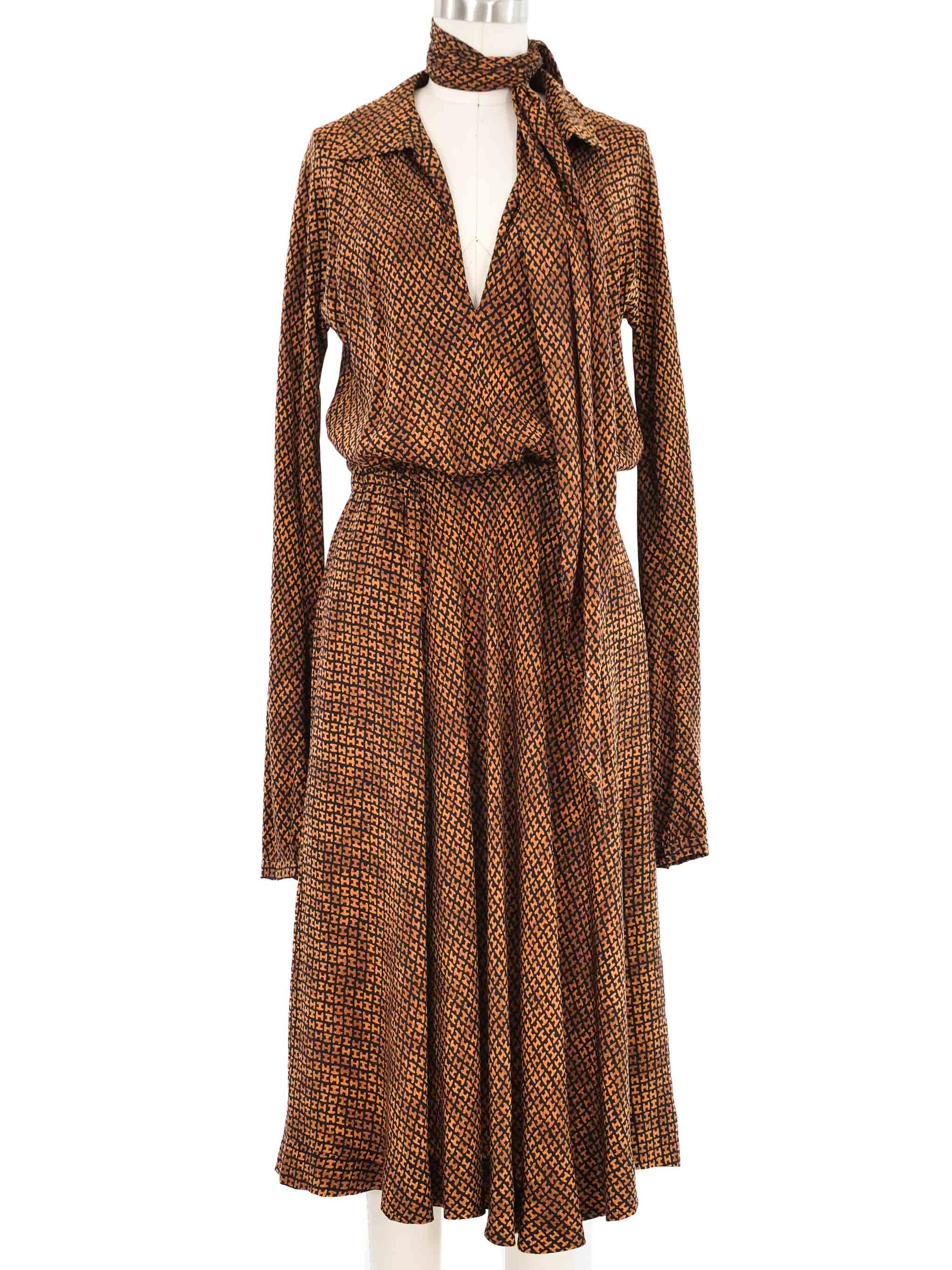 1970s Halston Logo Print Silk Dress
