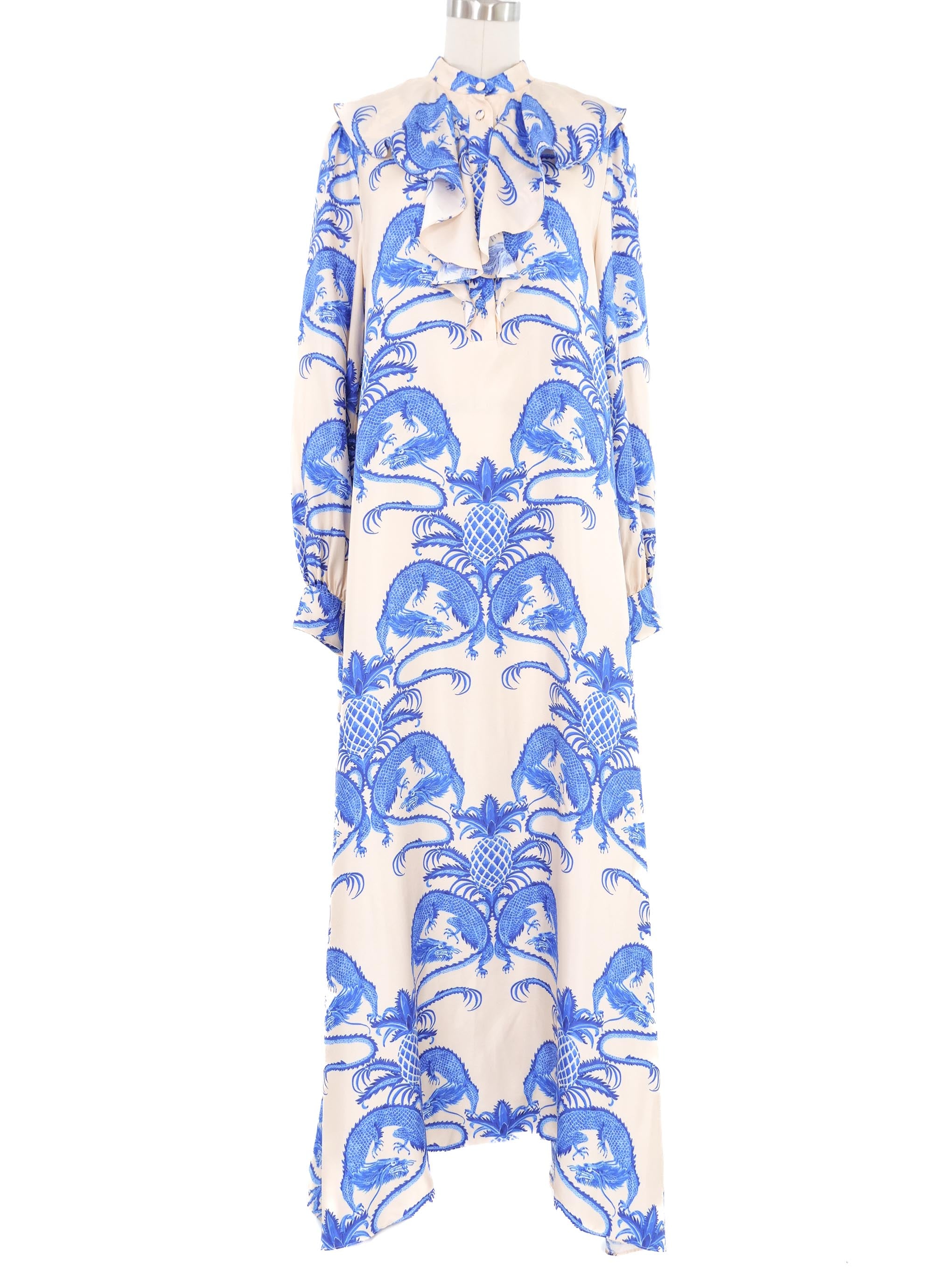 2018 Gucci Dragon Print Silk Shirt Dress