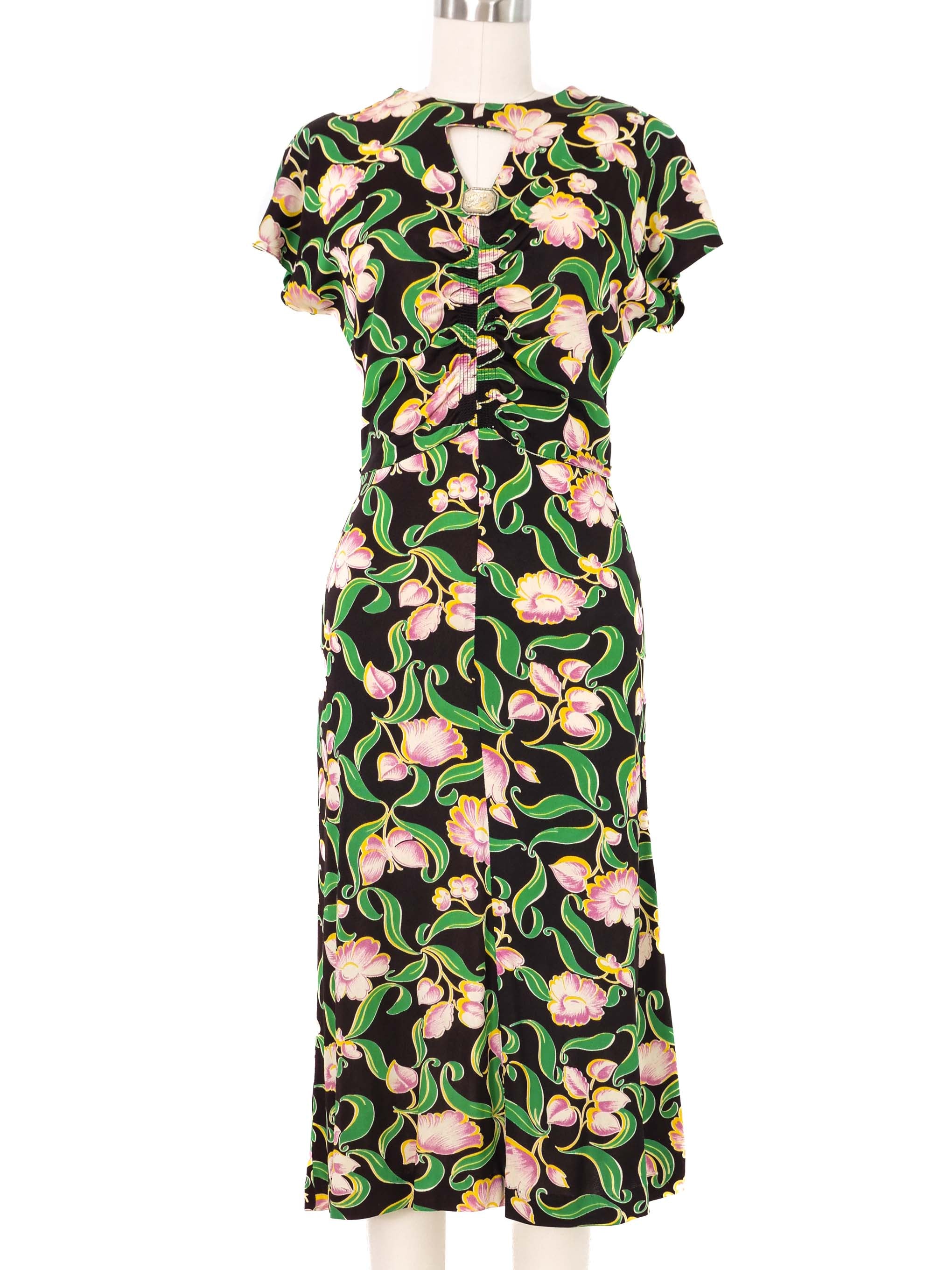1940s Floral Jersey Keyhole Dress