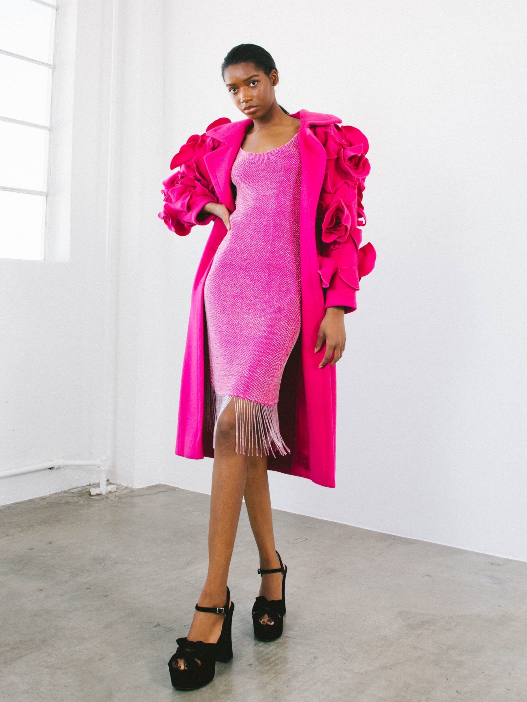 Koos Van Den Akker Magenta Wool Floral Sleeve Coat