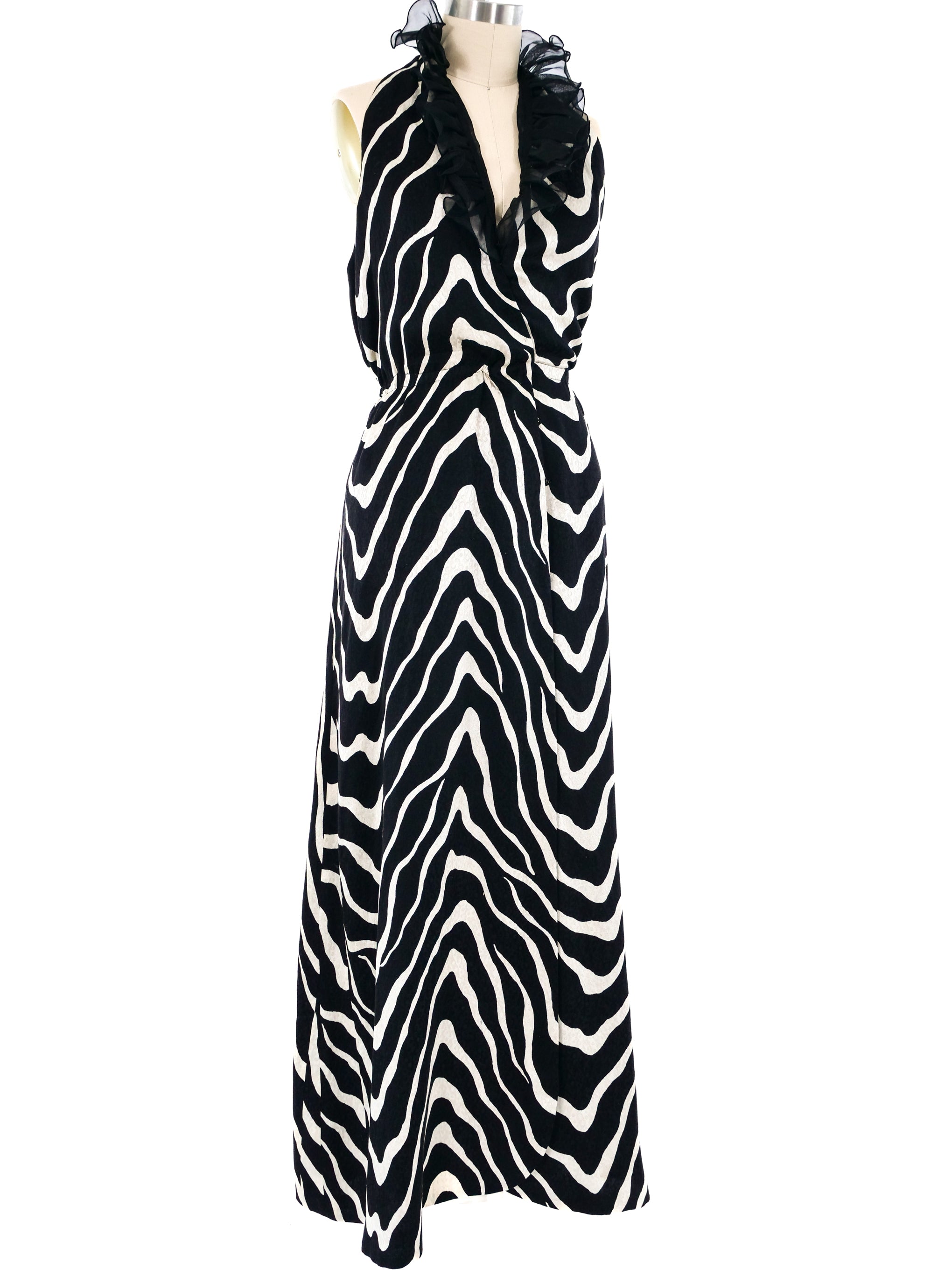 Zebra Striped Ruffled Halter Gown