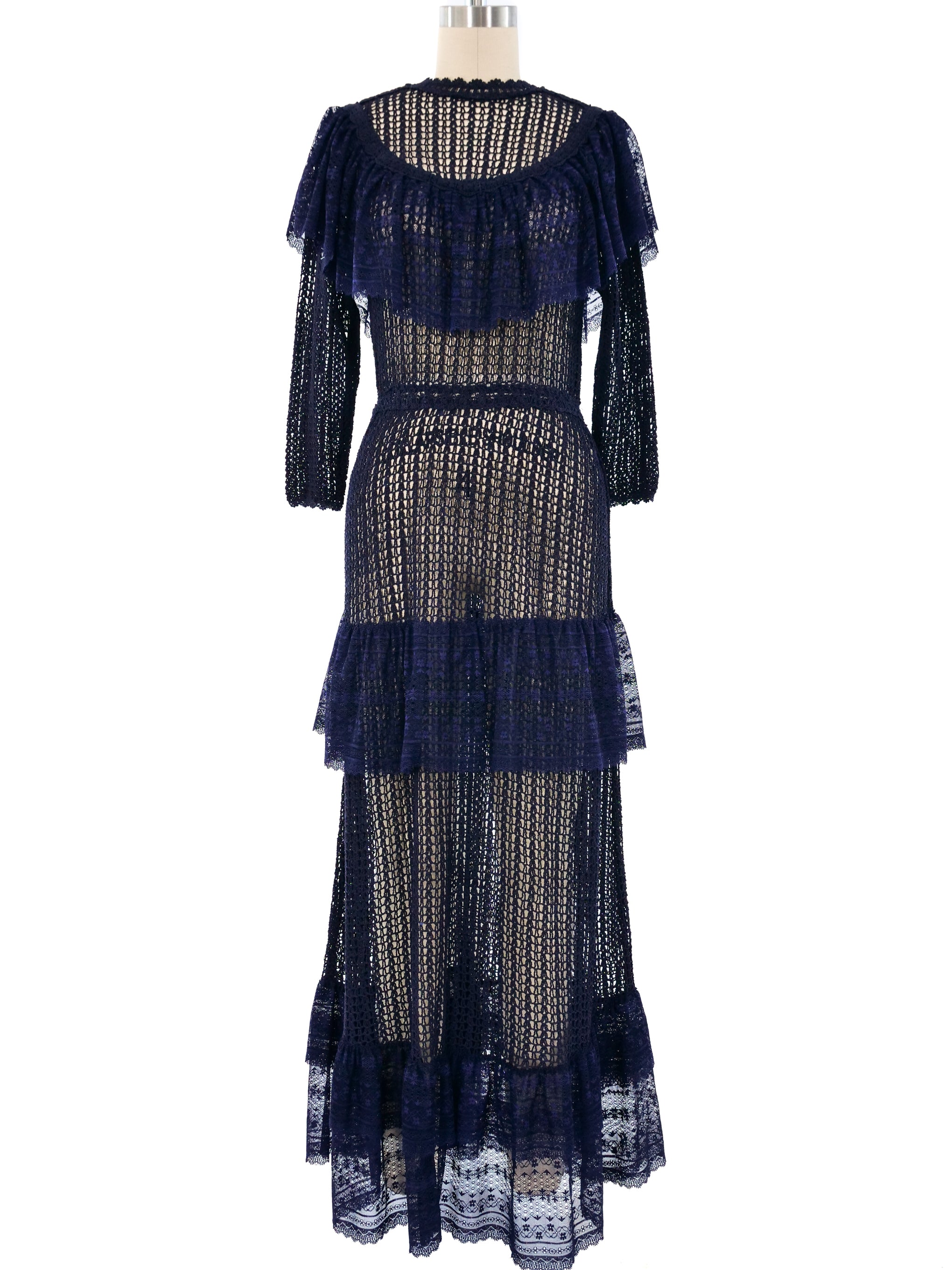 Navy Lace Ruffle Crochet Maxi Dress