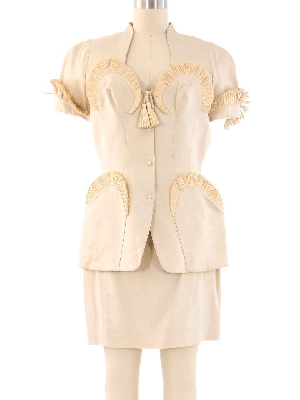 1995 Thierry Mugler Raffia Trimmed Skirt Suit