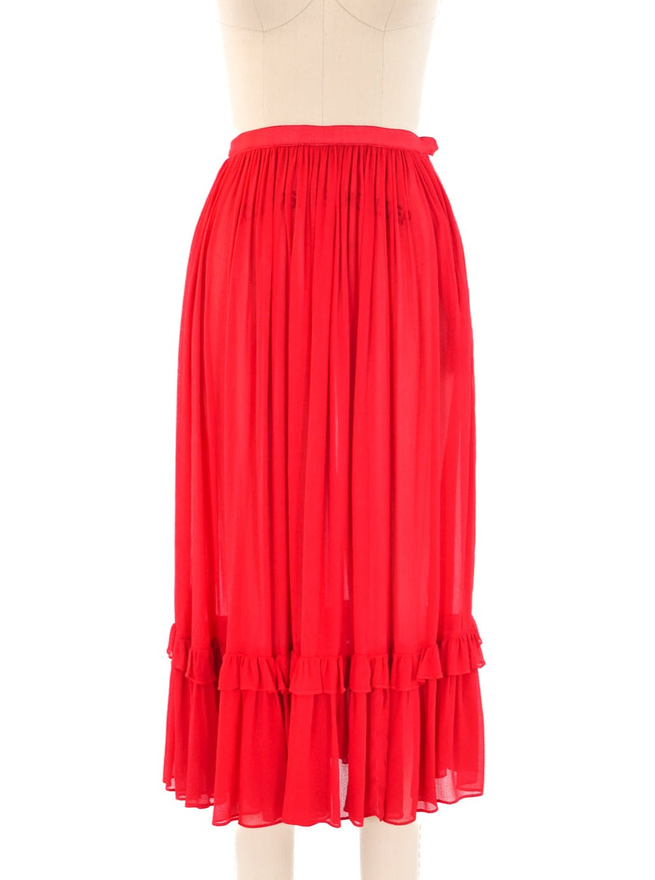 Yves Saint Laurent Red Silk Chiffon Ruffled Skirt